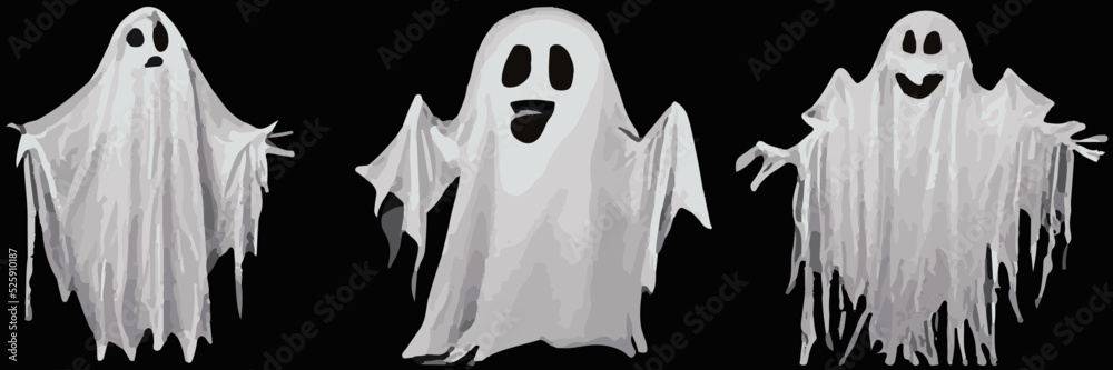 Creepy Halloween background with flying ghosts on black background ...