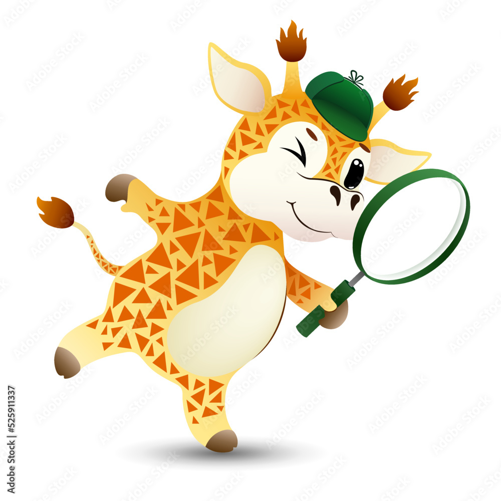 funny cartoon detective giraffe looking for items with a magnifying ...