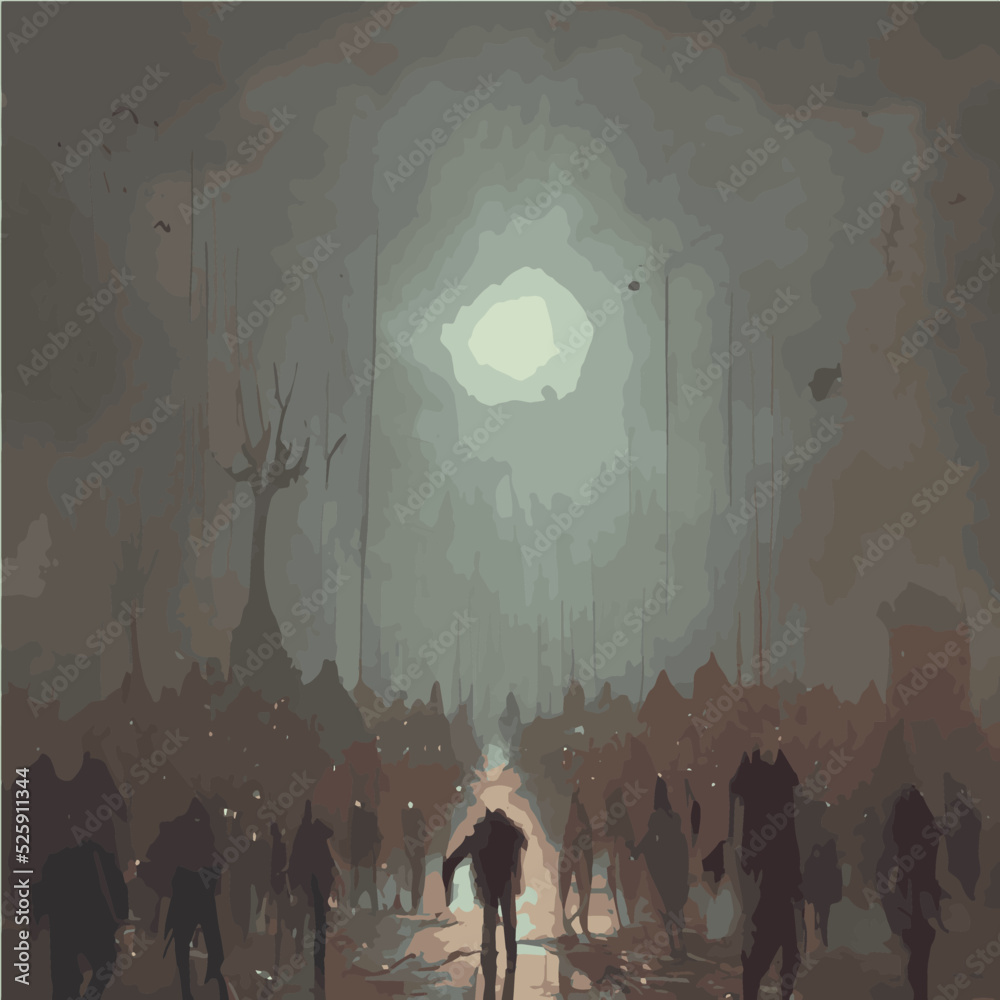 crowd hungry zombies forest. Silhouettes scary zombies walking at night ...