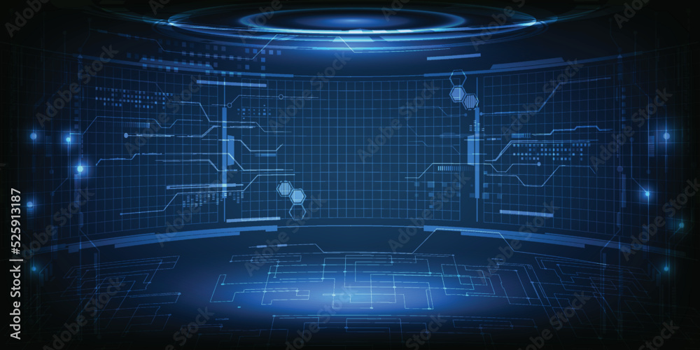 Vector illustrations of futuristic blue digital hi-tech stage layout ...