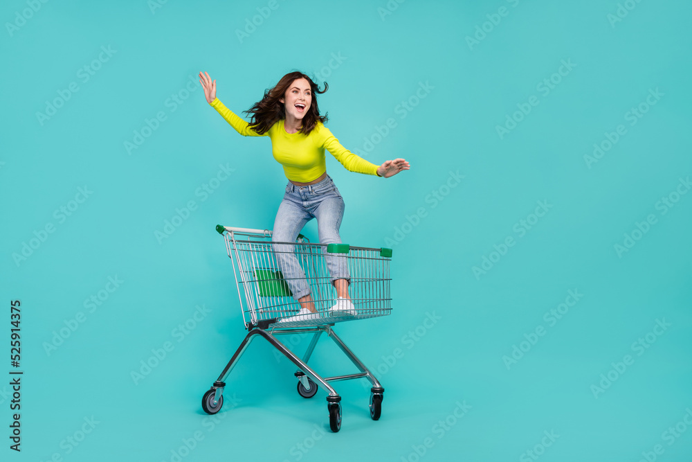Full body portrait of crazy positive lady stand inside shopping cart ...