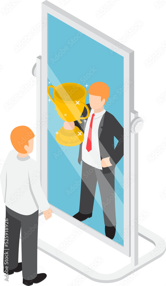Flat 3d isometric businessman see himself being successful in the ...