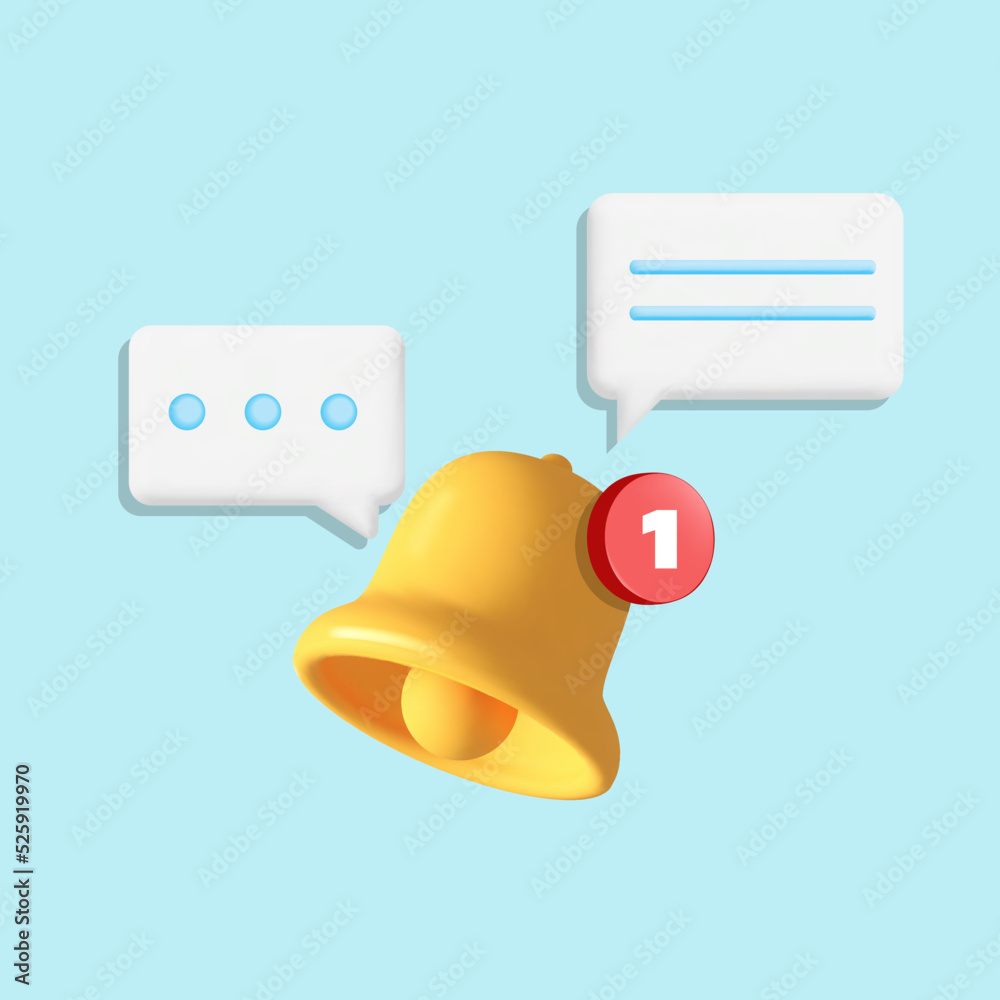 3d vector yellow ring notification bell symbol with popup speech bubble ...