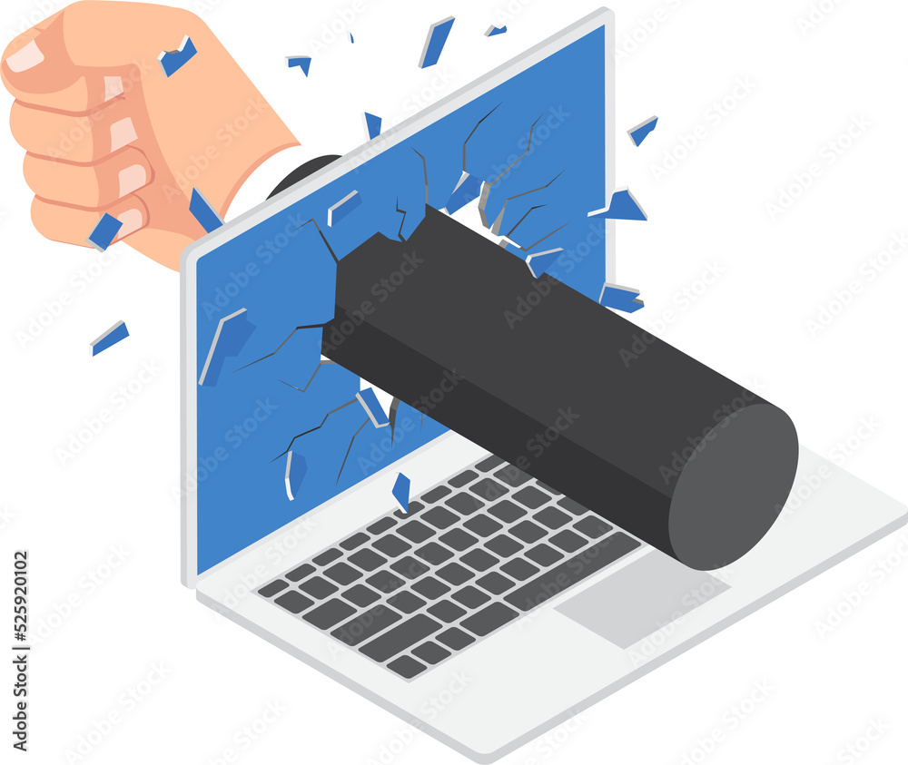 Flat 3d isometric businessman hand punch through laptop monitor. Stress ...