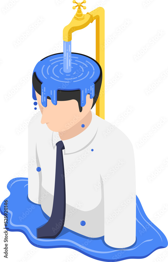 Flat 3d isometric businessman head overflow by water from golden faucet ...