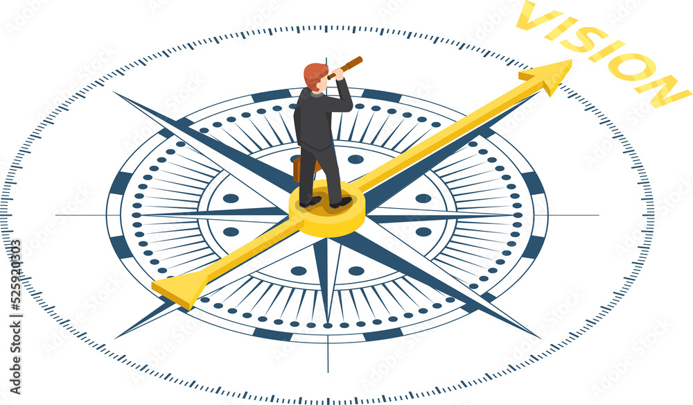 Flat 3d isometric businessman with spyglass telescope on compass that ...
