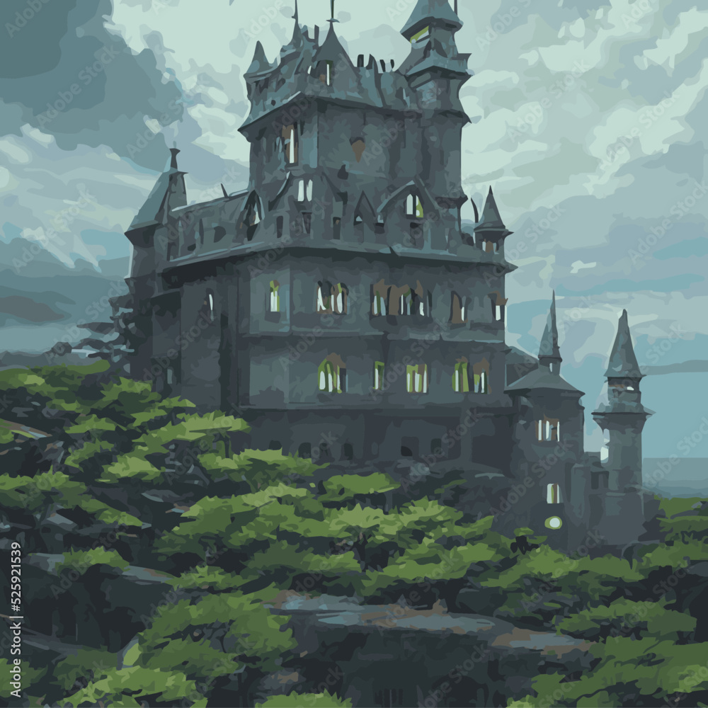 Gothic castle behind the gates in the moonlight scary building with ...