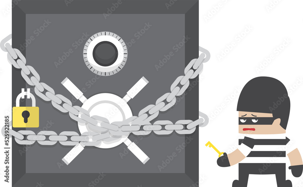 Thief standing in front of safe box with chain and lock, VECTOR, EPS10 ...