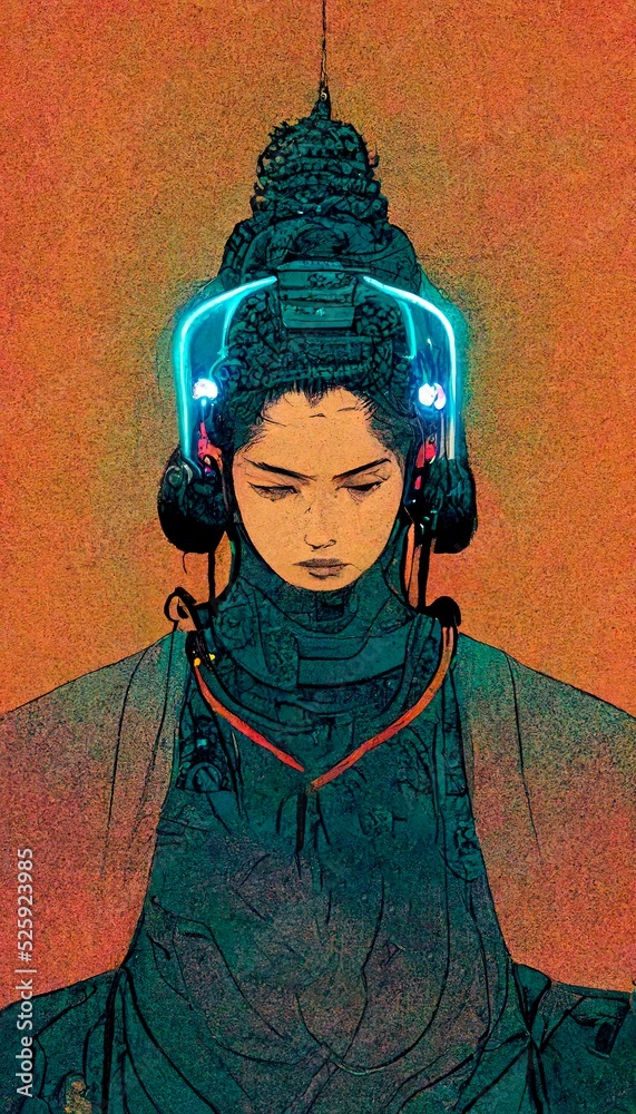 Portrait of Buddha in a futuristic cyberpunk style. A high-tech Buddha ...