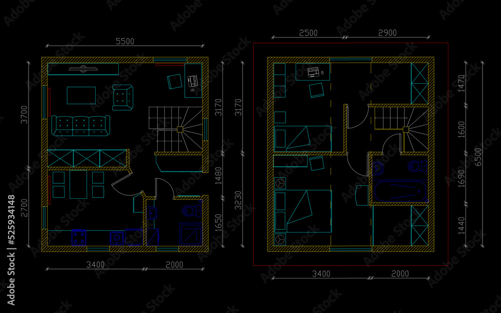 Architectural plan of small house in two floors with dimensions on ...