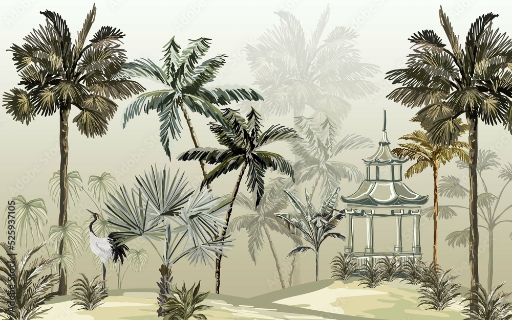 hand drawn forest landscape wallpaper design, long beaked bird, arbor ...