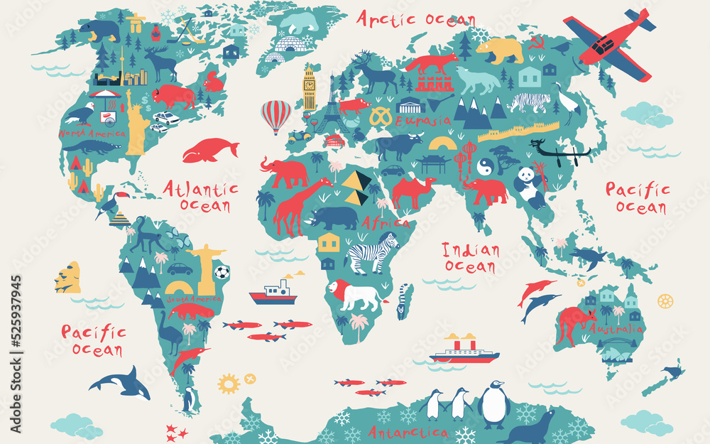 Map of the world wallpaper design for children's room. cute design ...