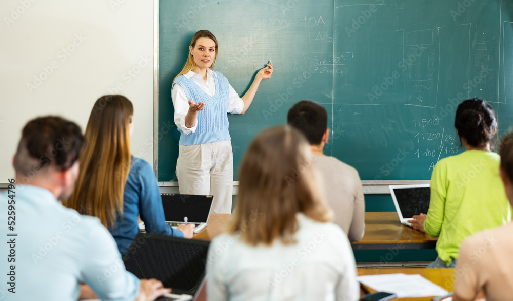 Young woman teacher is giving a lecture to students, standing near the ...