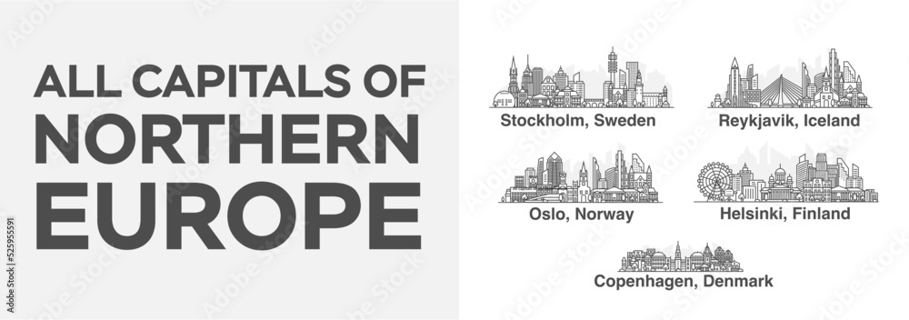 All capitals of Northern Europe. Cities in a linear style with famous ...