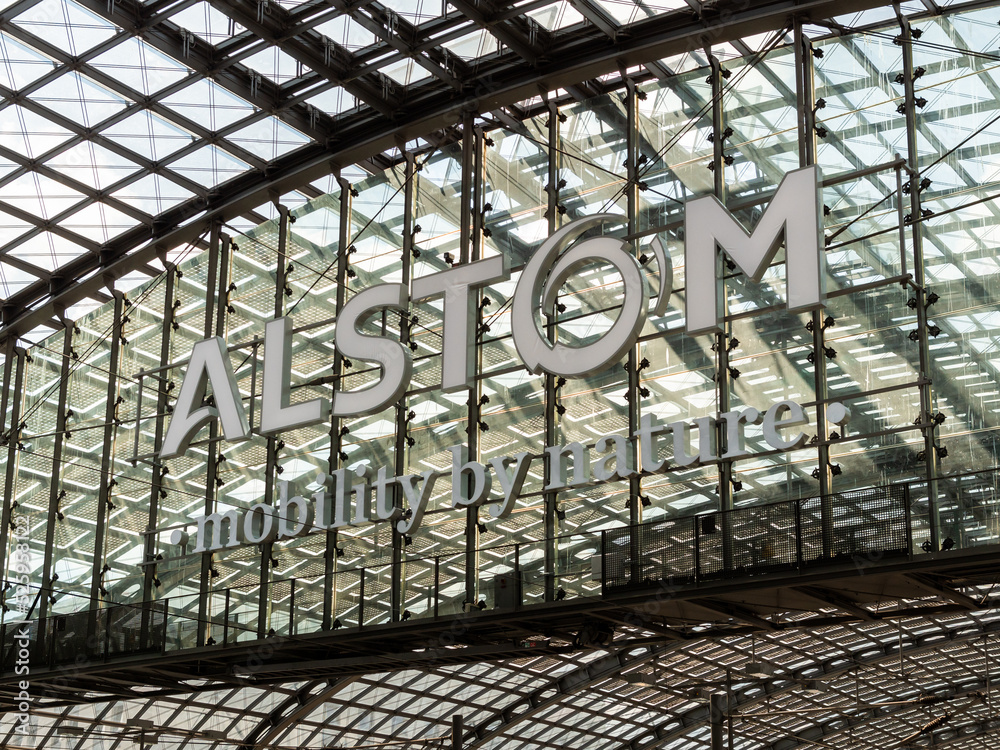 BERLIN, GERMANY - 12. August 2022: Alstom logo in the main station in ...