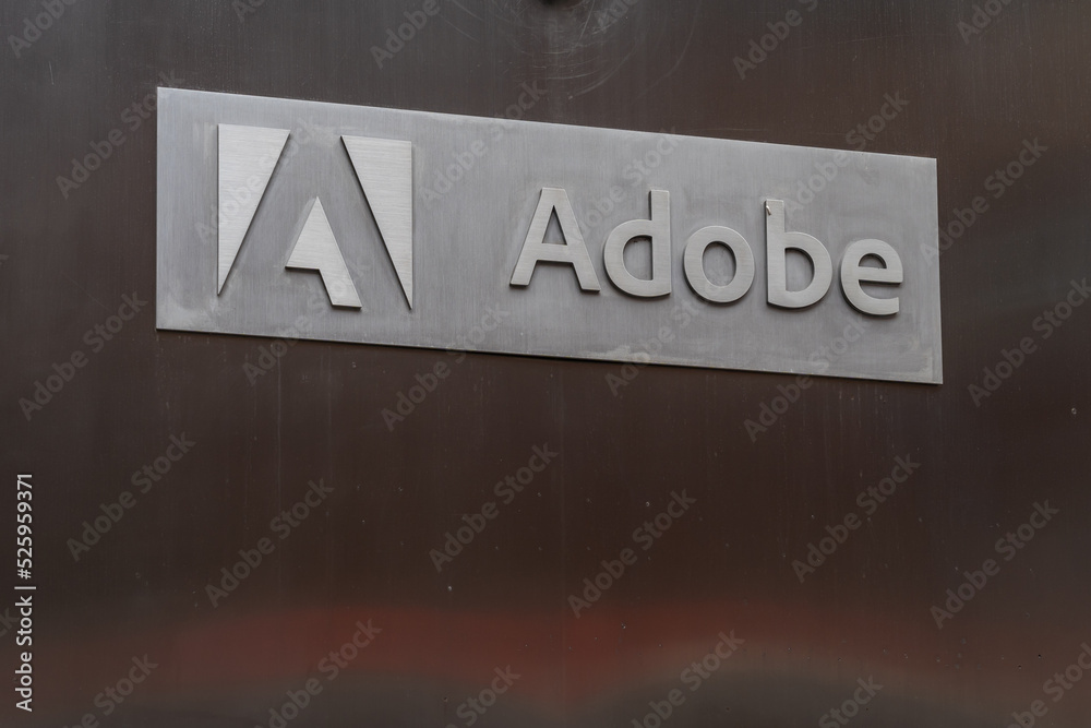 New York City, USA - August 17, 2022: Adobe logo on its office building ...