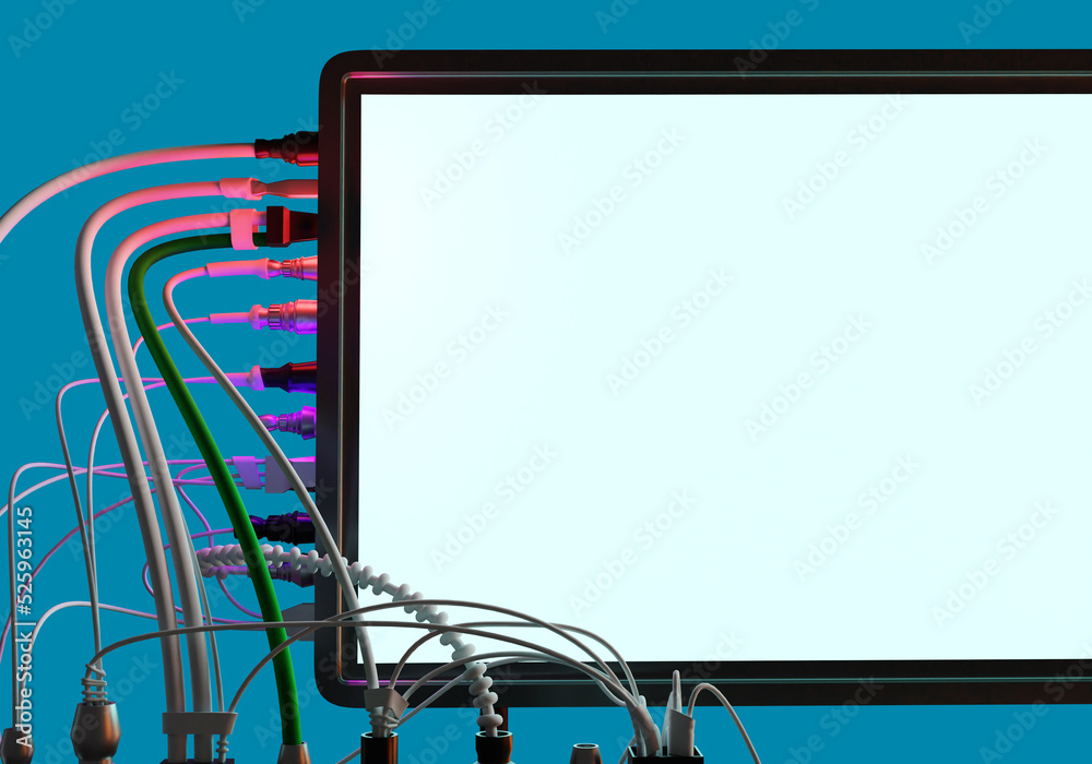 Wires plugged into monitor. Lot of wires come out of wall of monitor ...