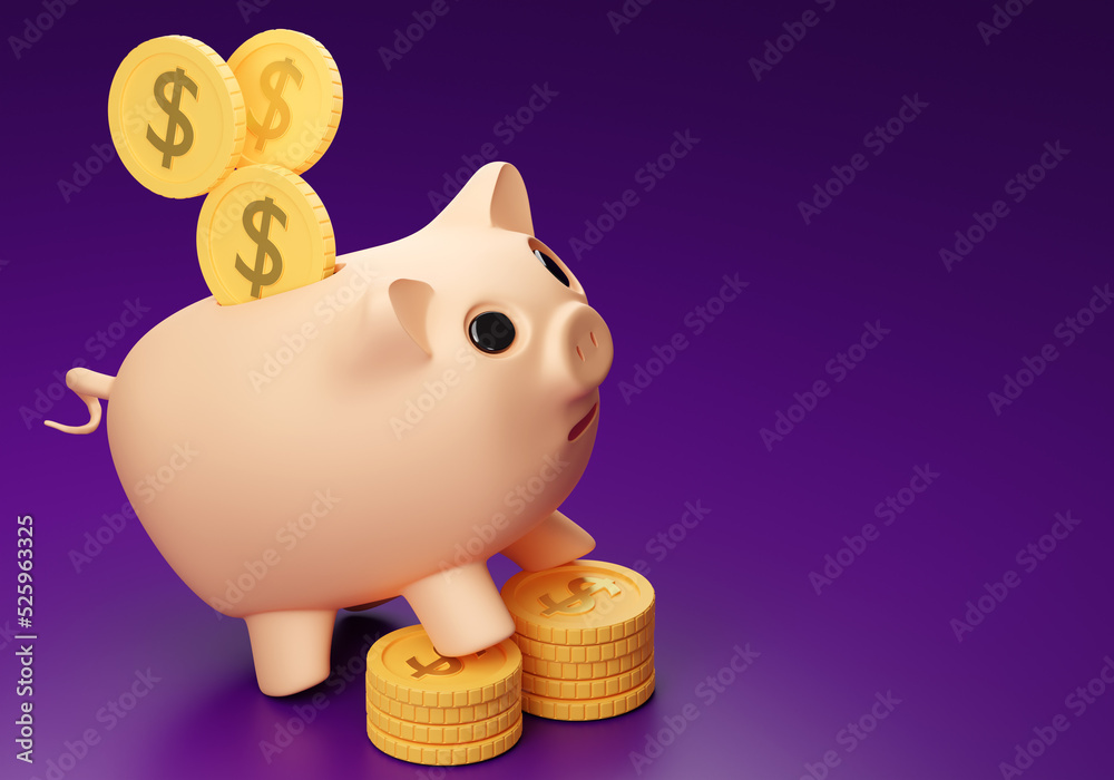 Moneybox. Pig money box with golden coins. Savings concept. Comparison ...