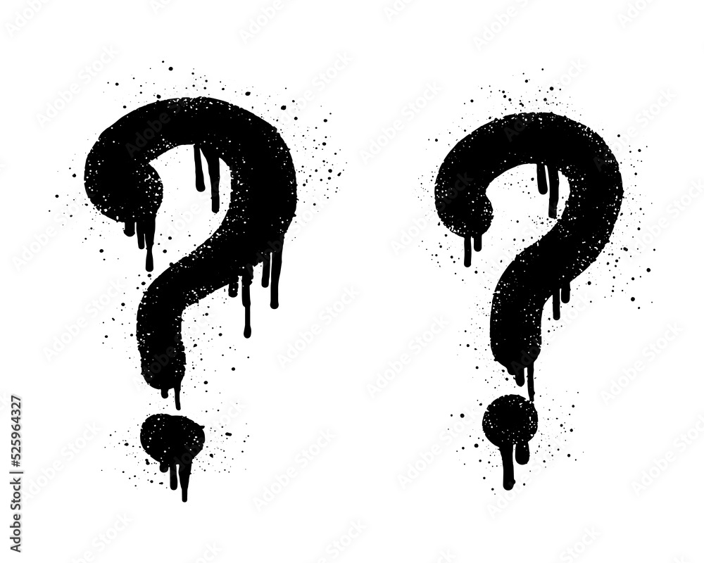 Set of Spray painted graffiti question marks in black over white ...