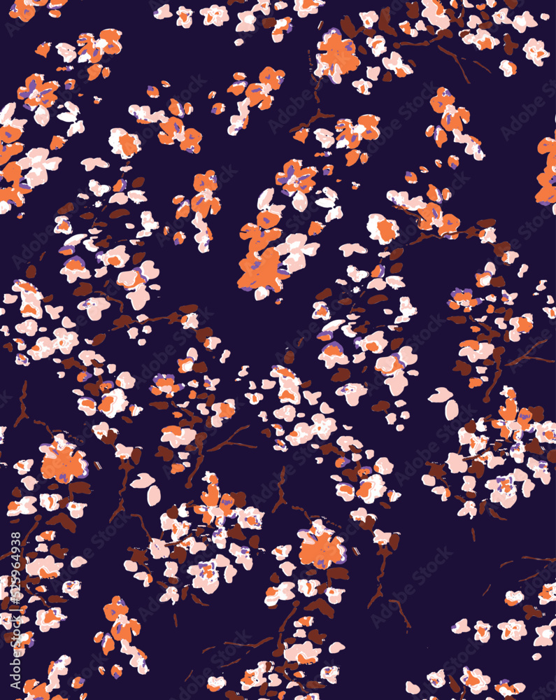 Colorful asian style floral pattern. Dark background floral tapestry ...