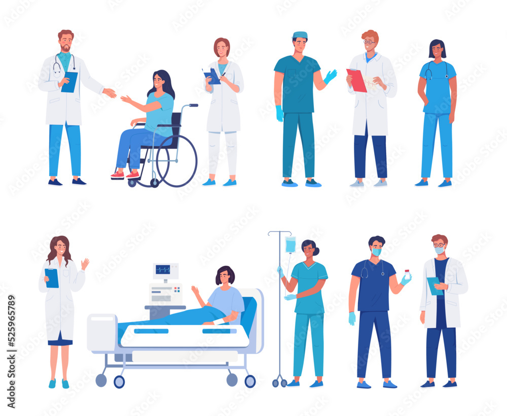 Medical workers, doctors and nurses, work in hospitals, treat patients ...