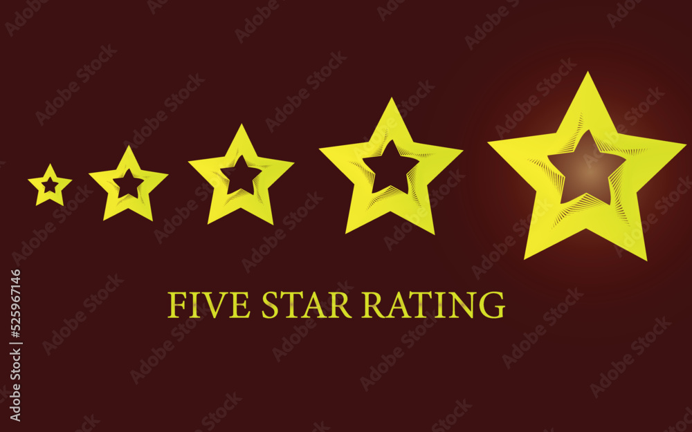 Five star rating card ,golden stars vector illustration in dark red ...