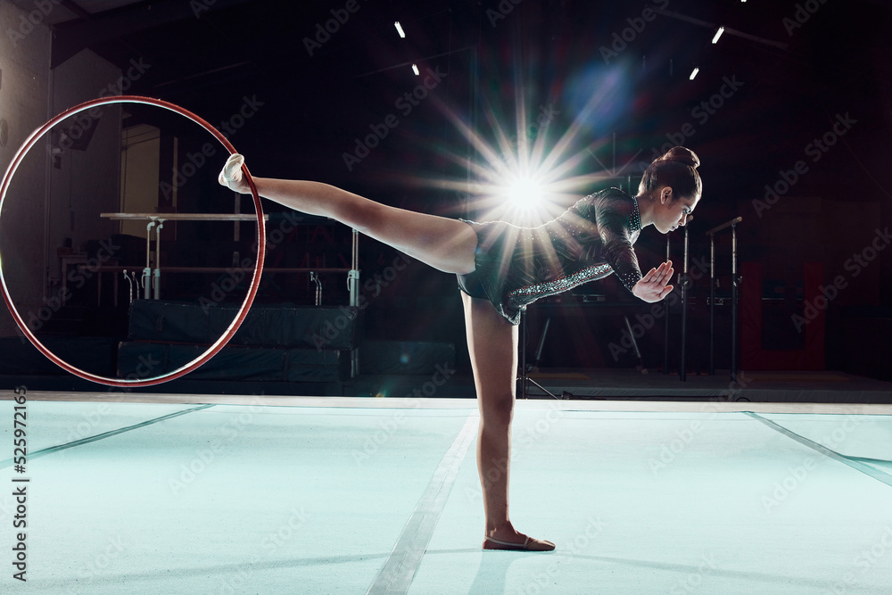 Gymnastics, dance and sport with a woman gymnast performance on a floor ...