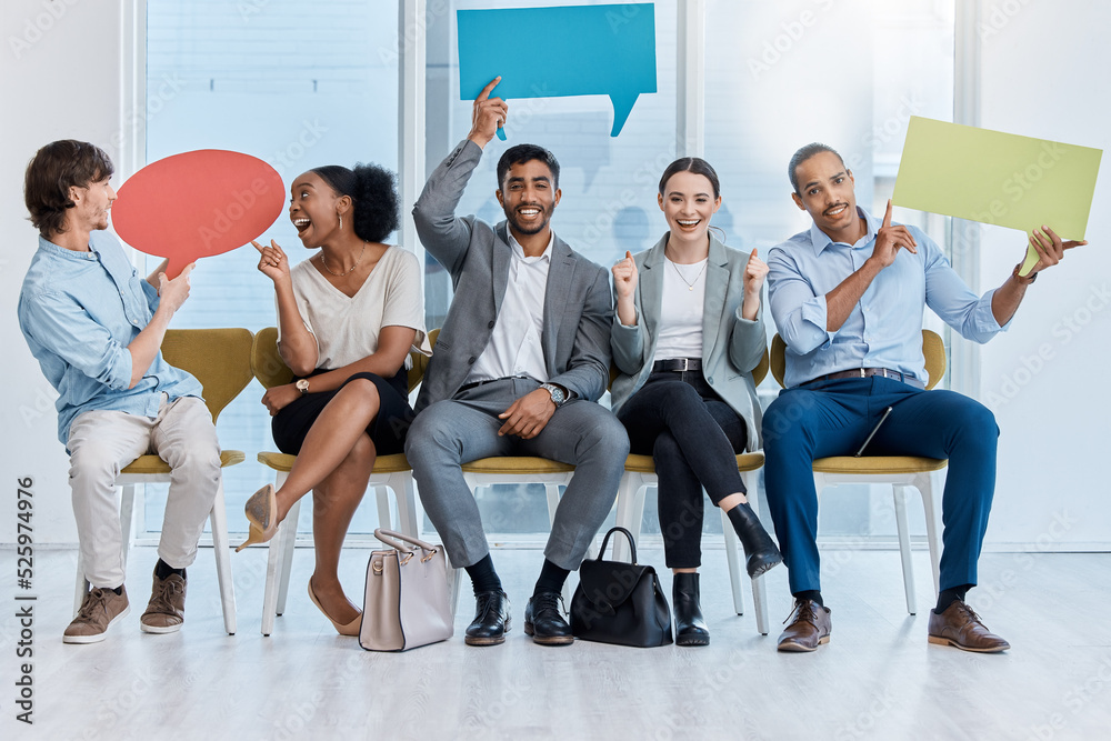Speech bubbles, voice and vote by business people happy and sitting in ...