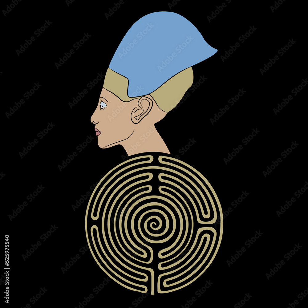 Head of Akhenaten or Nefertiti on top of a round spiral maze or ...