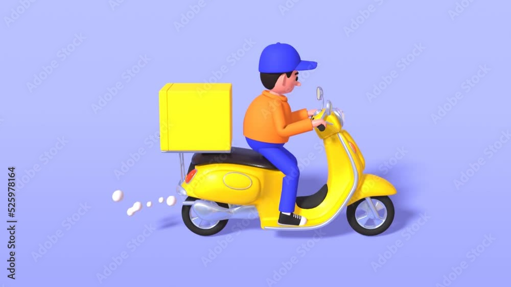 3d animation of a food delivery courier riding a yellow scooter. Cute ...