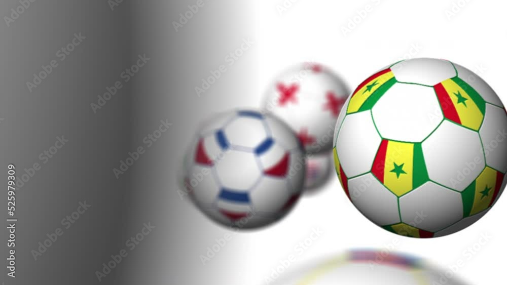 Flags attached 32 country footballs are flying. Flying soccer ball ...