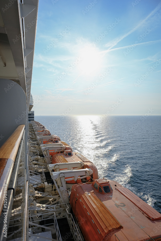View from open outdoor deck of legendary luxury ocean liner cruise ship ...