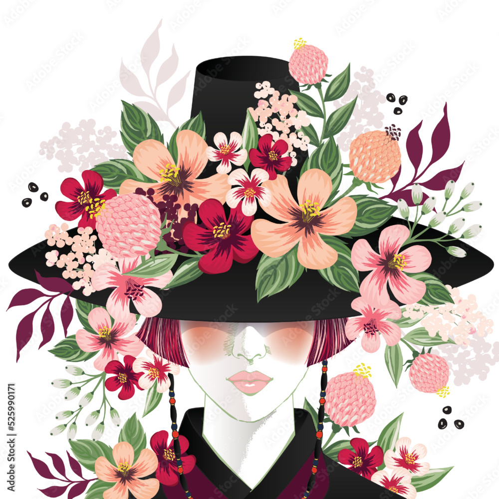 Vector illustration of a woman wearing a Gat, Korea traditional hat ...