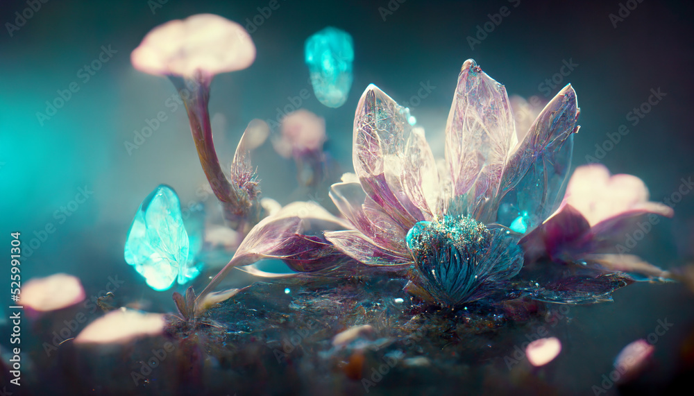 Beautiful fantasy flower with glowing cyan color. 3D illustration Stock ...