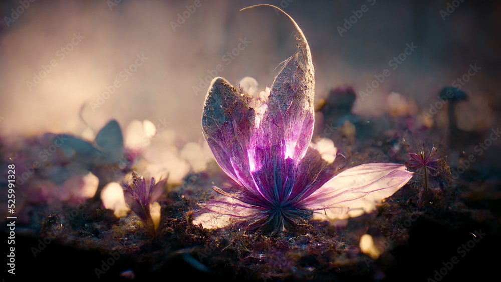 Beautiful fantasy flower with glowing purple color. 3D artwork ...