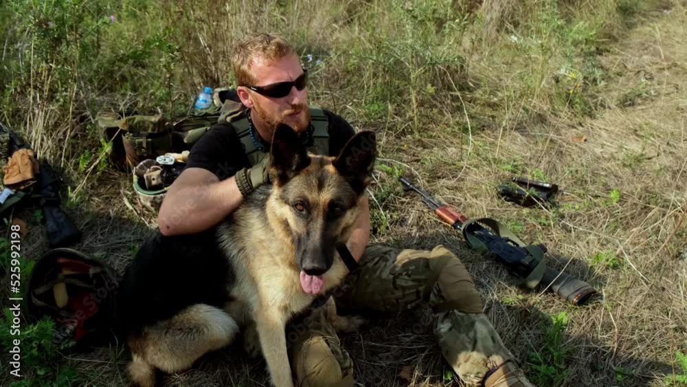 Cinematic shot of young happy female soldier in camouflage military ...