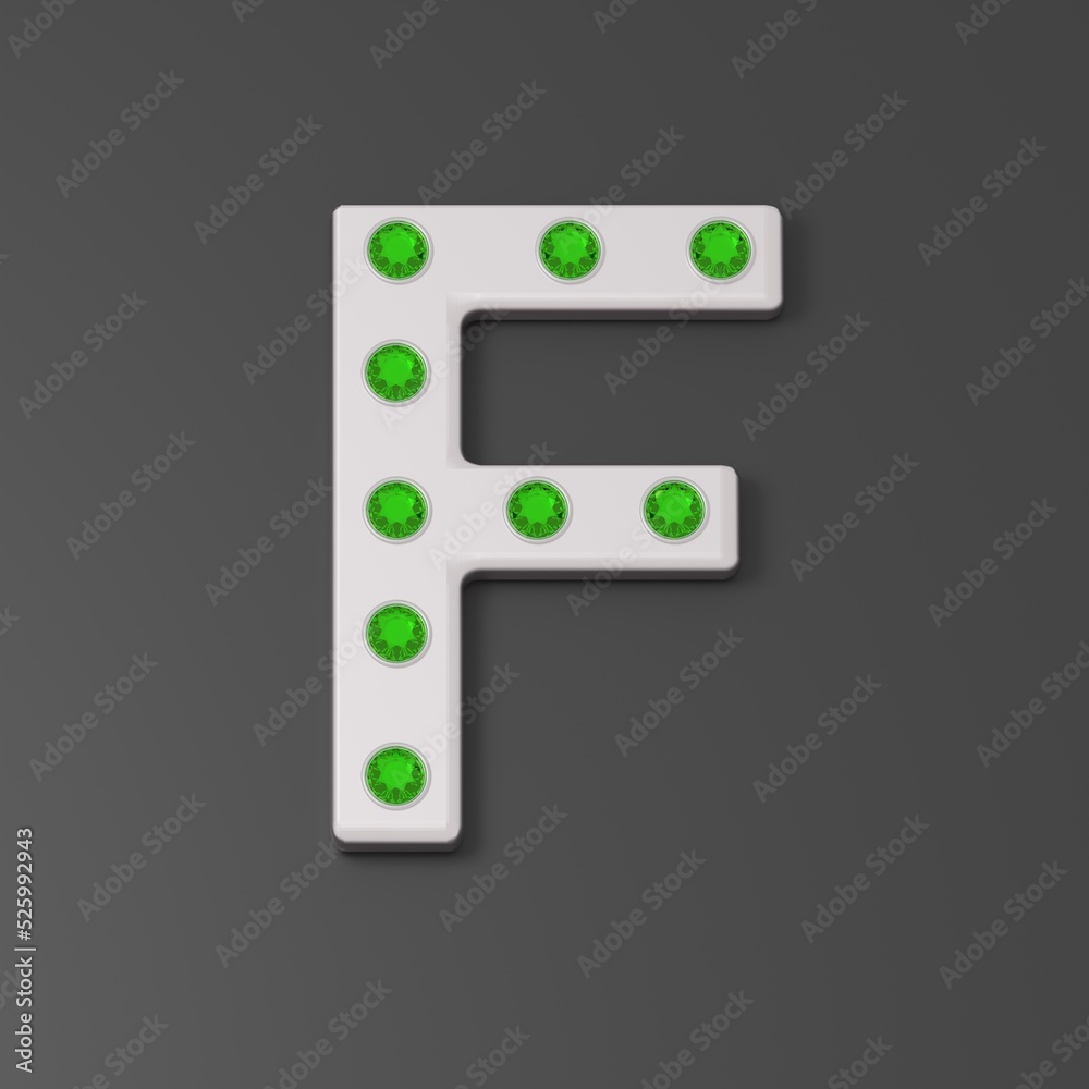 Capital letter F from silver and emeralds. Silver font with emeralds ...