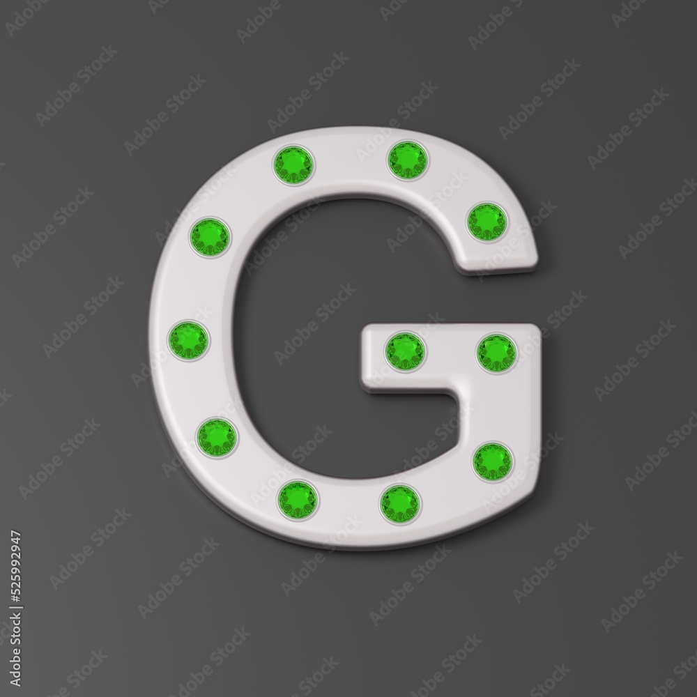 Capital letter G from silver and emeralds. Silver font with emeralds ...