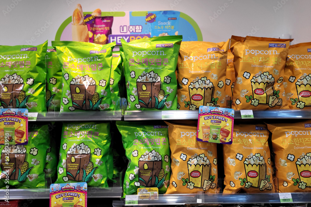PENANG, MALAYSIA - 17 AUG 2022: Various floavour Korean brands popcorn ...