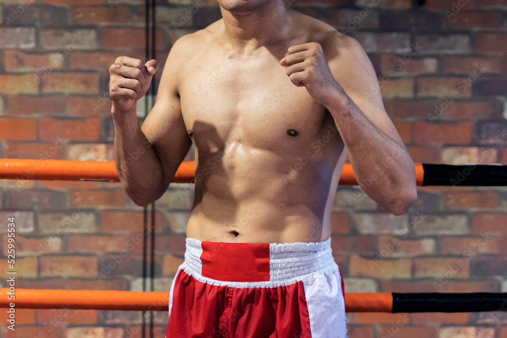 Male thai boxers pose fighting on brown block wall background, fitness ...