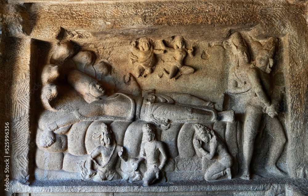Bas relief of Lord Vishnu sculpture lying in the bed of Five headed ...