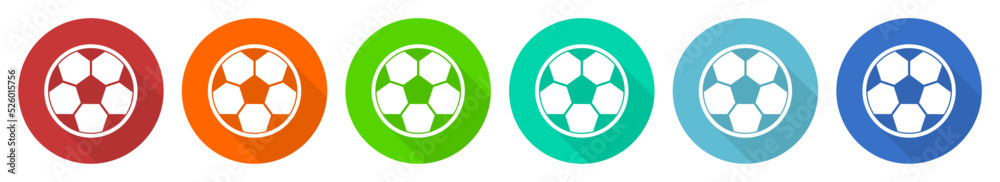 Football icon set, soccer ball flat design vector illustration in 6 ...