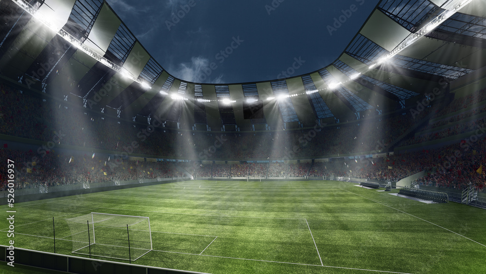 Empty football field with flashlights and dark night sky background ...