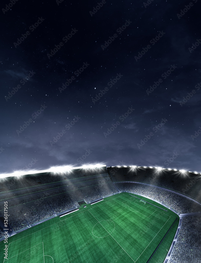 Aerial view of empty football field with flashlights and dark night sky ...