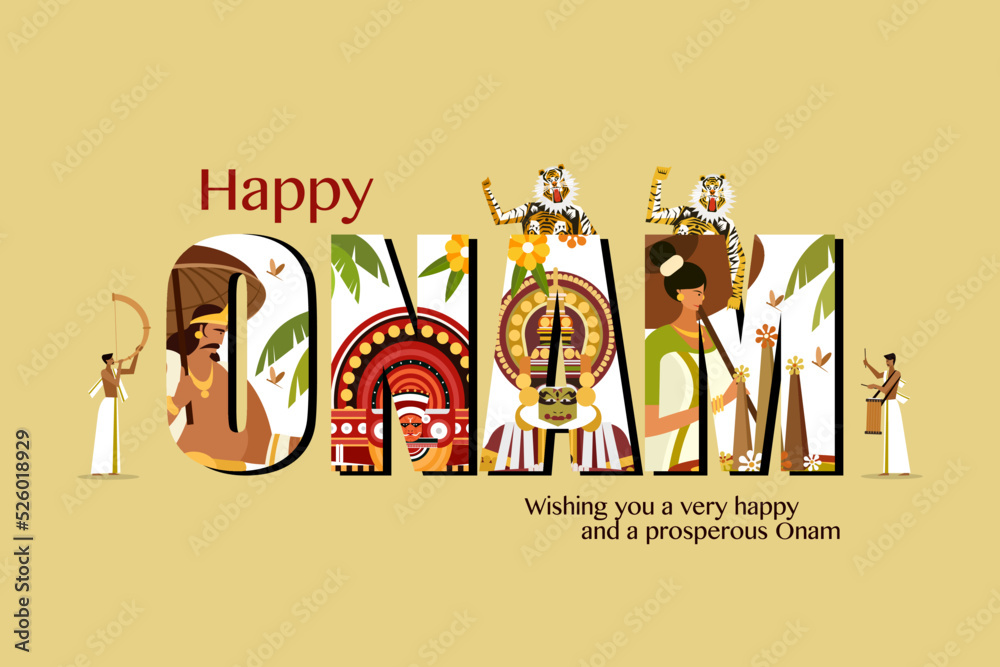 Festival greeting for 'Onam' with King Mahabali and traditional art ...