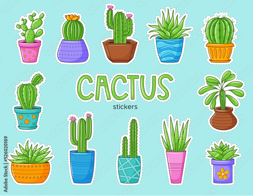 Set of funny cartoon cactus and succulents. Collection of stickers with ...