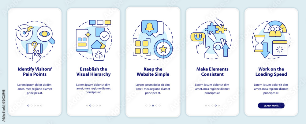 Mobile first key elements onboarding mobile app screen. Walkthrough 5 ...
