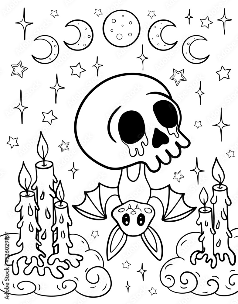 Kawaii coloring page. Black and white illustration. Bat and skull ...