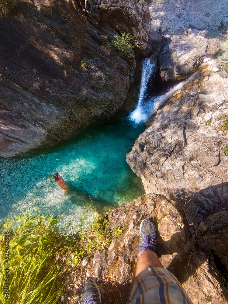 POV Cascate di Renara, fiume Frigido nelle Alpi Apuane Stock Photo ...