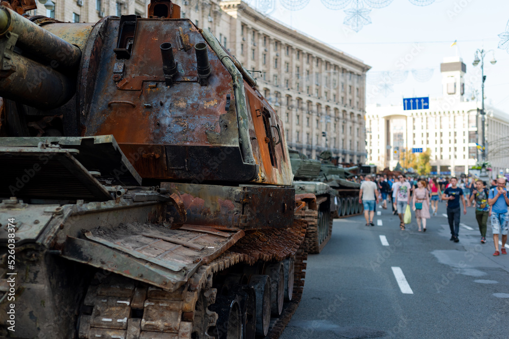 independence Day of Ukraine. burnt tanks of Russia on the street of ...
